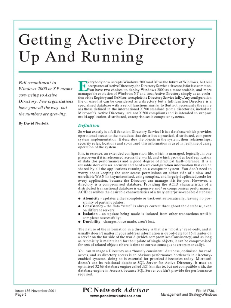 Getting Active Directory Up and Running: PC Network Advisor | PDF | Active Directory | Windows 2000
