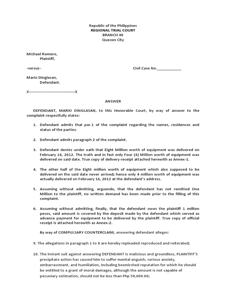 Answer With Counterclaim | Affidavit | Lawsuit