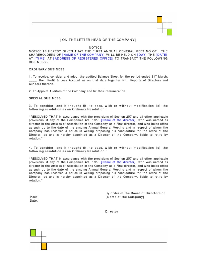 Notice of First Agm | PDF | Articles Of Association | Board Of Directors