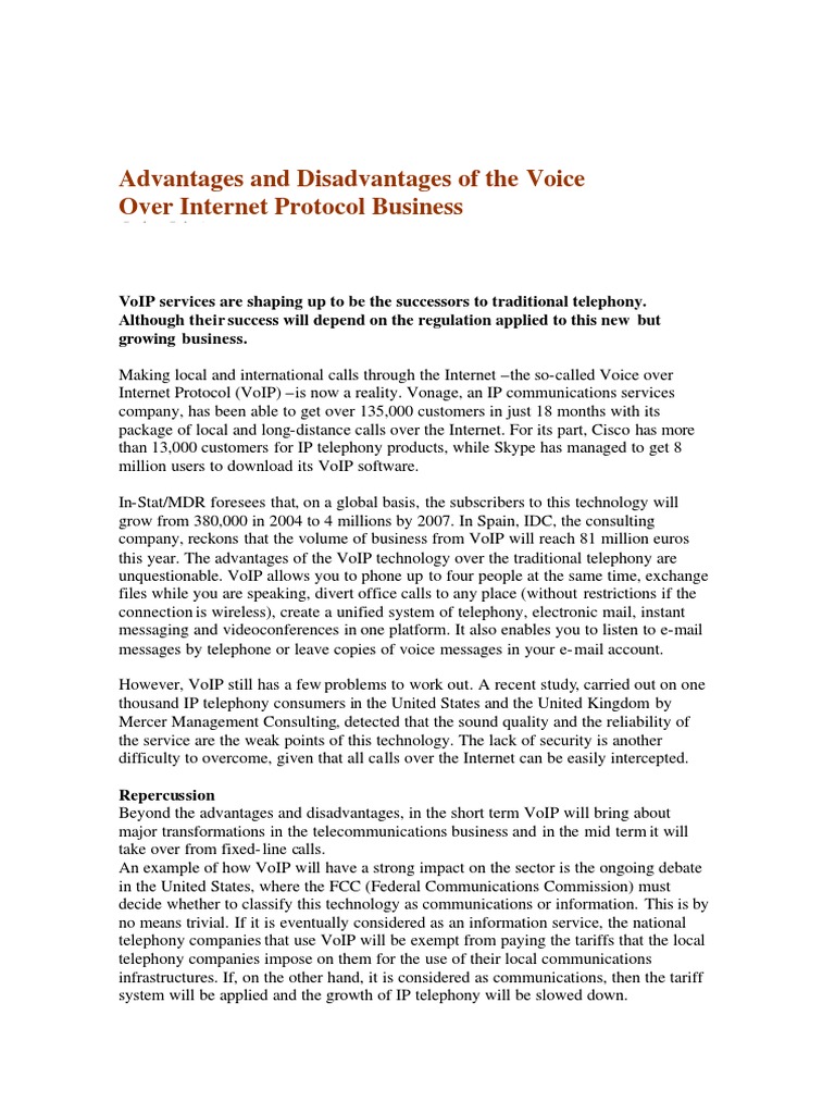 Advantages and Disadvantages of The Voice Over Internet Protocol ...