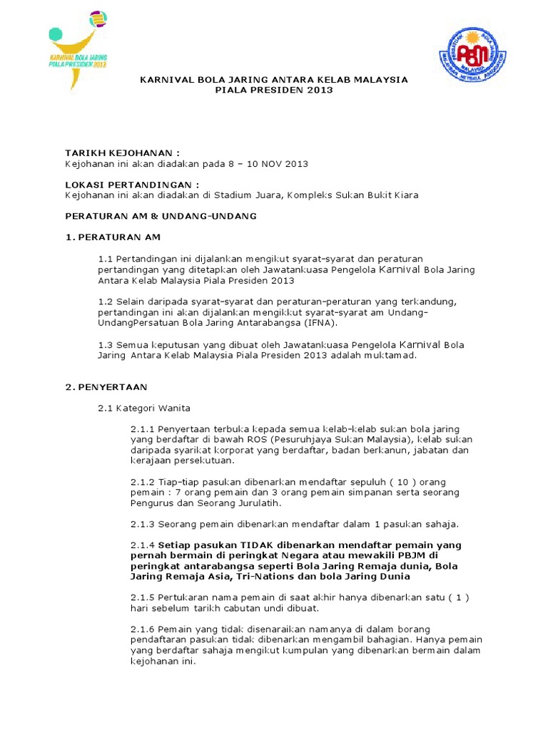 Syarat-Syarat Dan Peraturan Permainan Karnival Bola Jaring Antara Kelab Malaysia | PDF