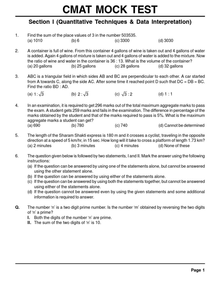 CMAT Mock Test | PDF | Triangle | Elementary Mathematics