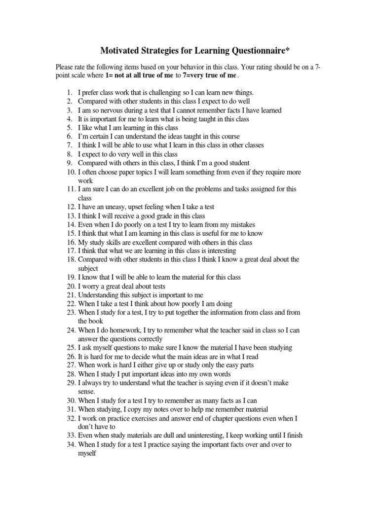 MSLQ: Student Learning Motivation Survey | PDF | Self-Improvement
