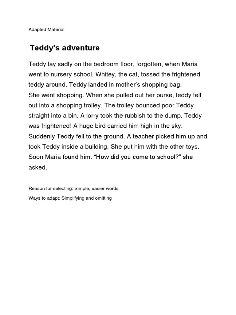 Teddy's Adventure: Adapted Material | PDF