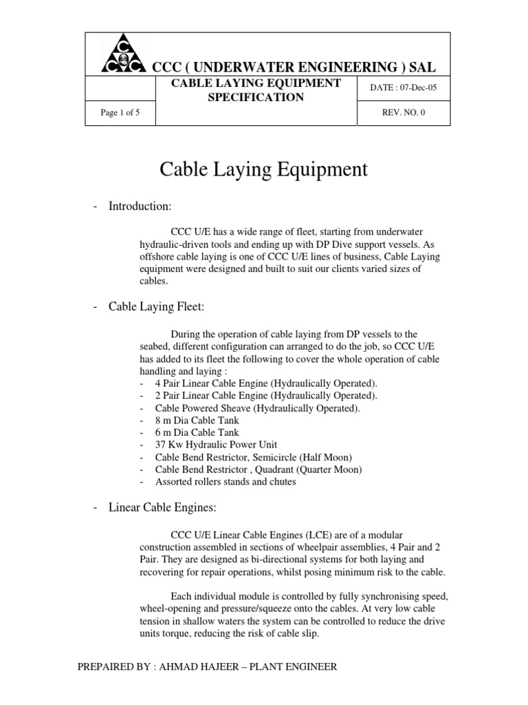 Cable Laying Equipment: CCC (Underwater Engineering) Sal | PDF | Cable | Manufactured Goods