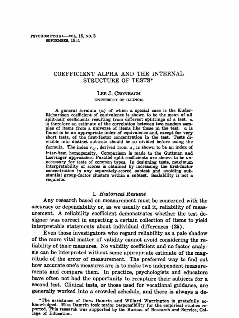Coefficient Alpha and The Internal Structure of Tests | PDF | Cronbach ...