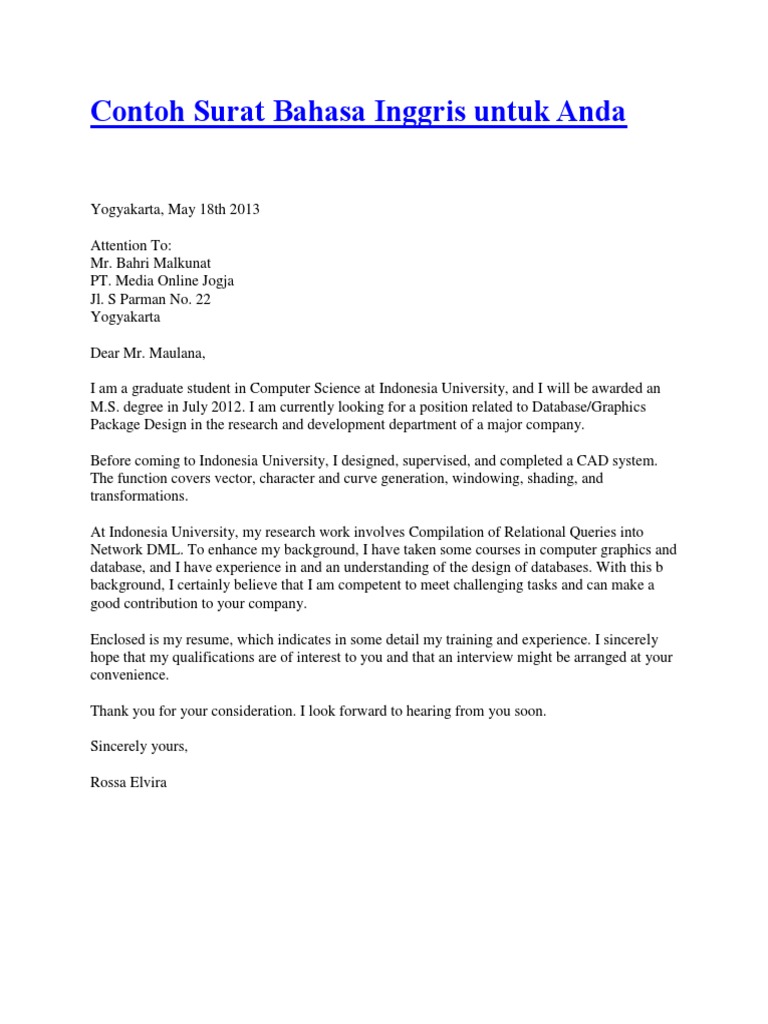 Contoh Letter Bahasa Inggris