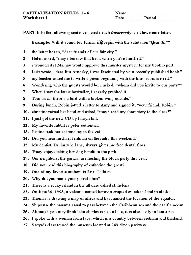 Capitalization Rules Worksheet: Identifying Proper Nouns and Correct ...
