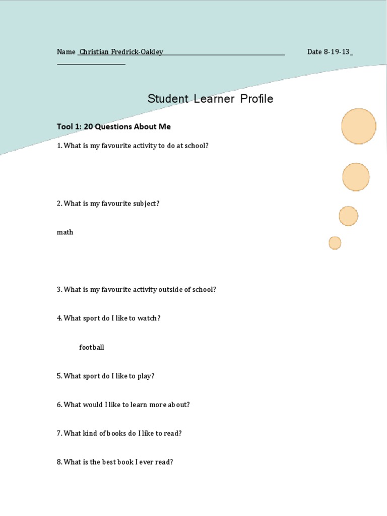Student Learner Profile | PDF | Classroom | Reading (Process)