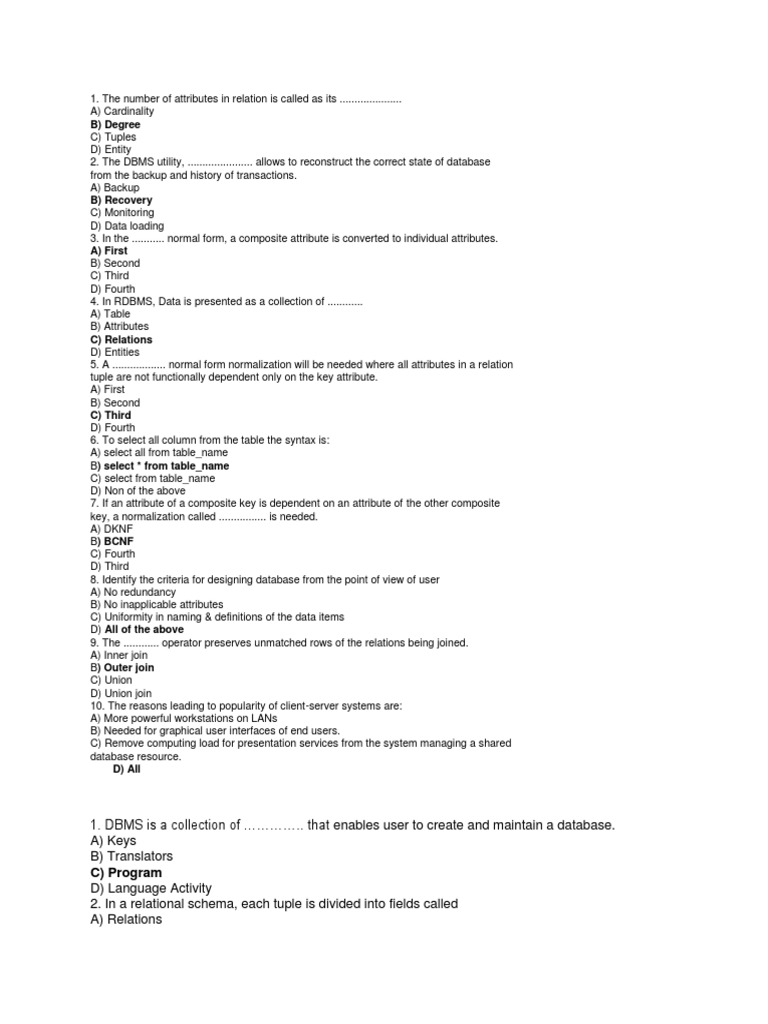 Dbms Mcq Pdf Relational Database Data Model 2301