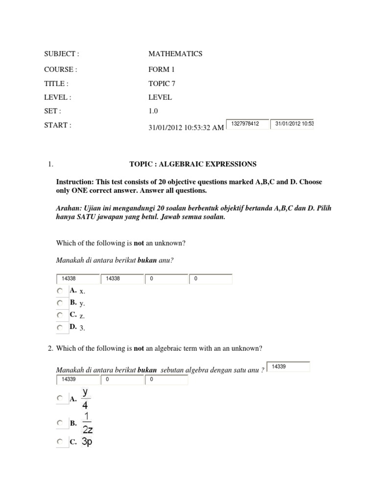 Algebraic Expressions Test PDF | PDF