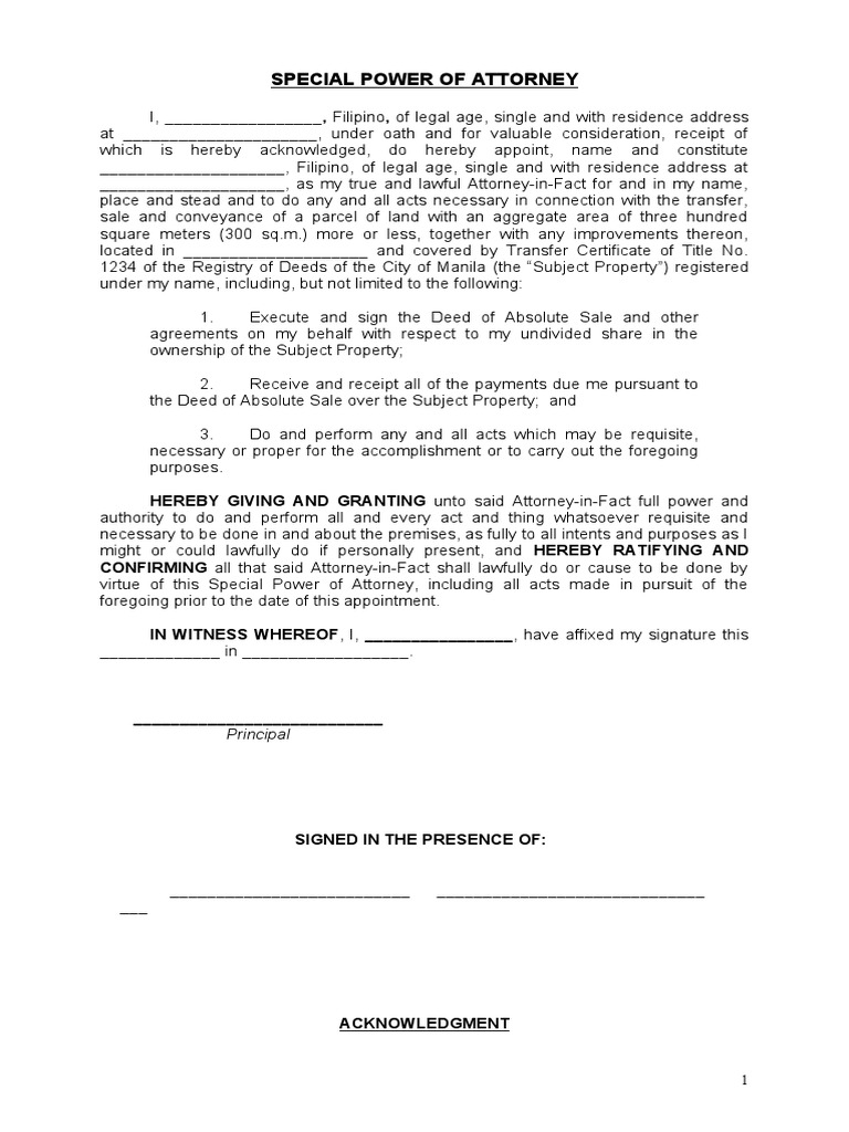 Granting Authority to Transfer Property: Special Power of Attorney for ...