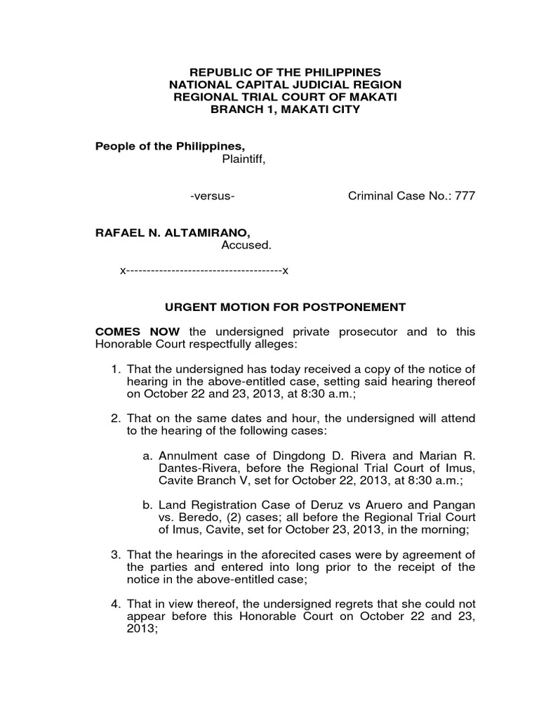 Motion For Postponement | PDF | Social Science | Law