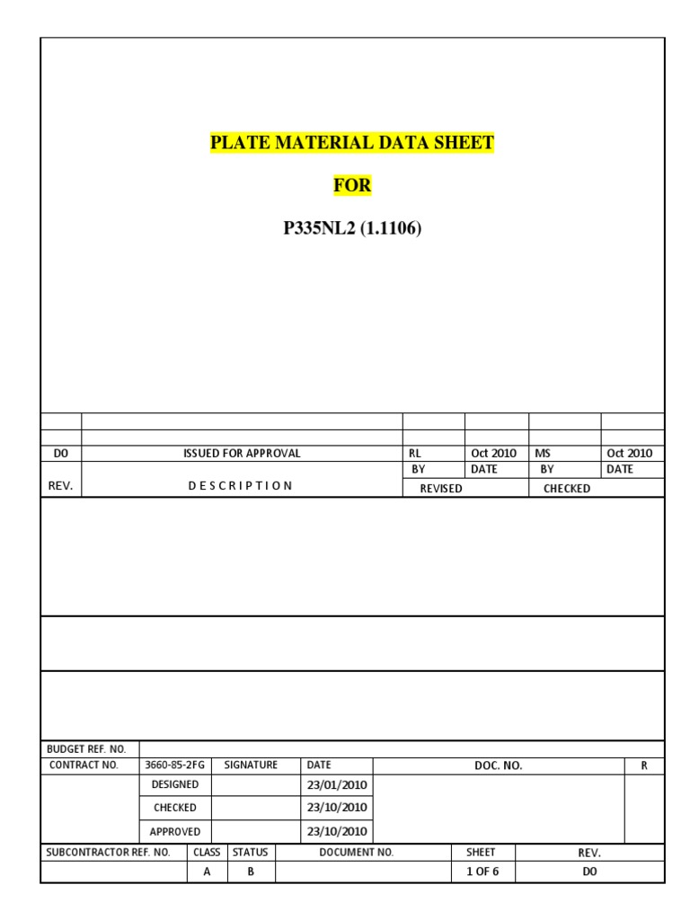 Plate Material Data Sheet FOR P335NL2 (1.1106) : Rev. Description | PDF ...