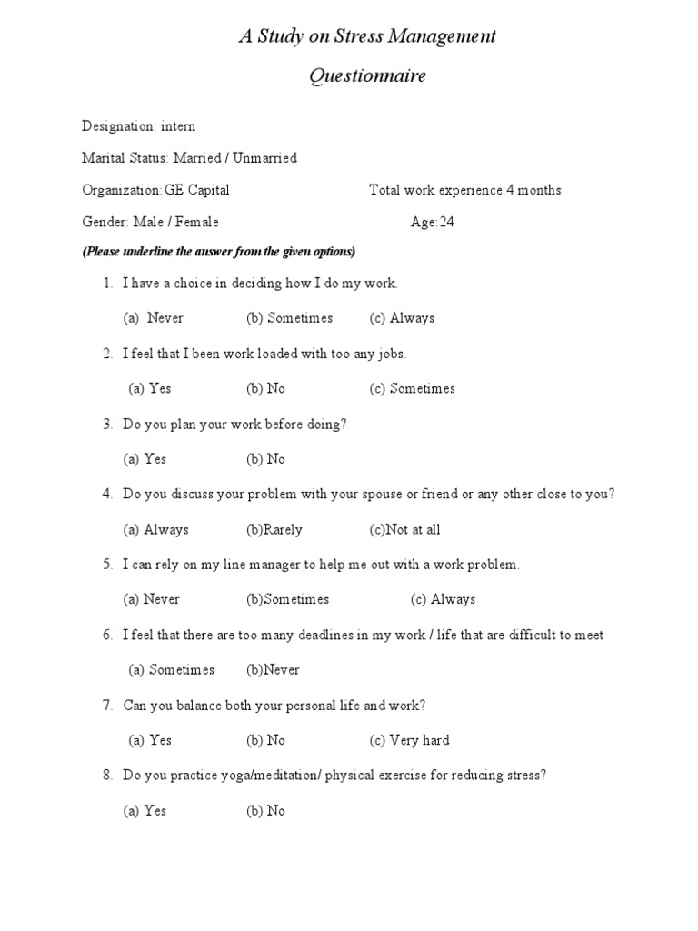 A Study On Stress Management Questionnaire: (Please Underline The ...
