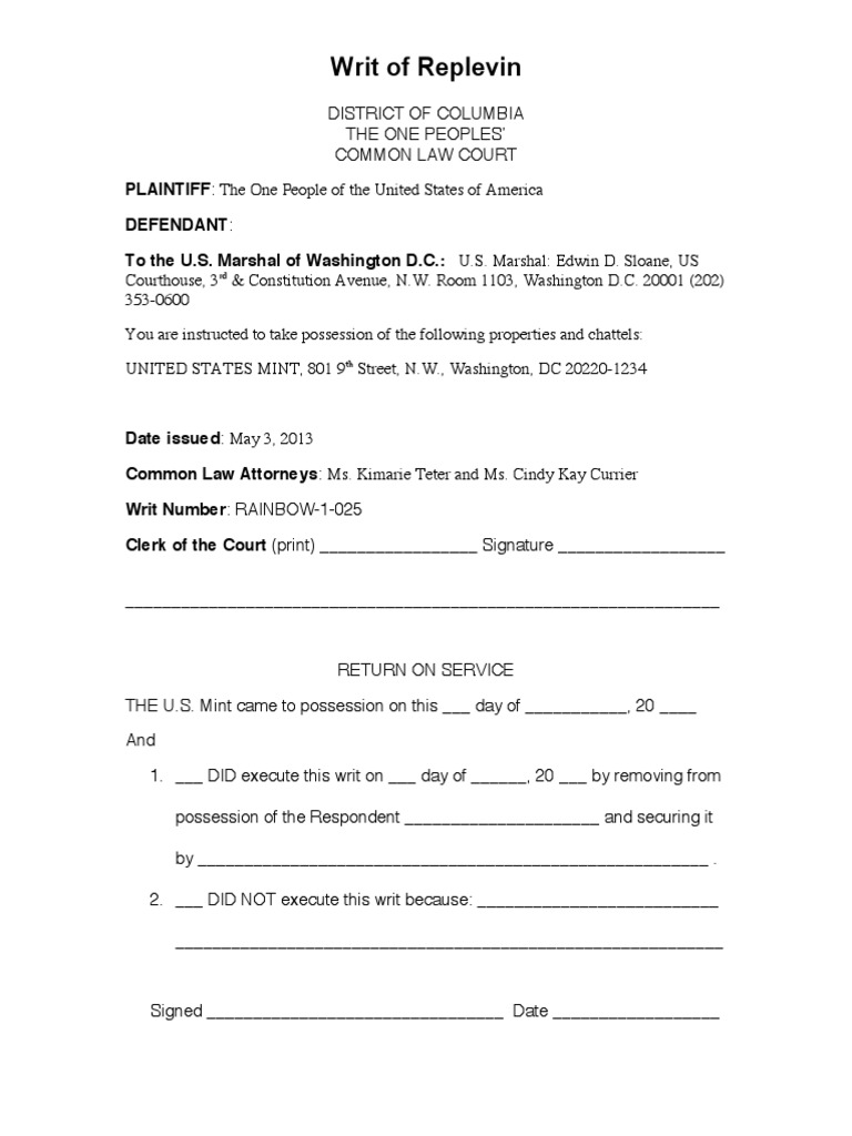 Writ of Replevin, United States Mint | PDF | Law