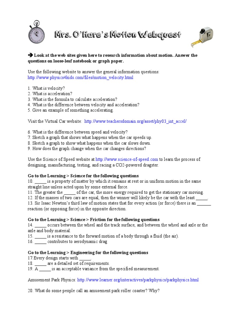 Mrs. O'Hare's Motion Webquest | PDF | Acceleration | Velocity