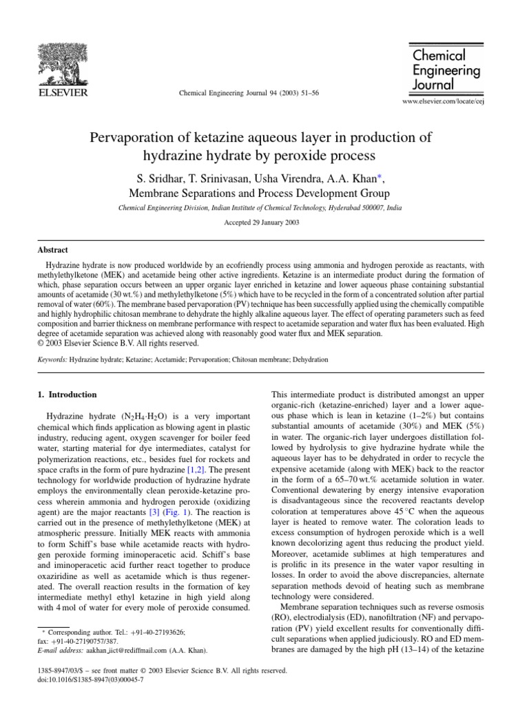 Pervaporation Ketazine Aq Layer Prodn HH Peroxide Proc PDF | PDF ...