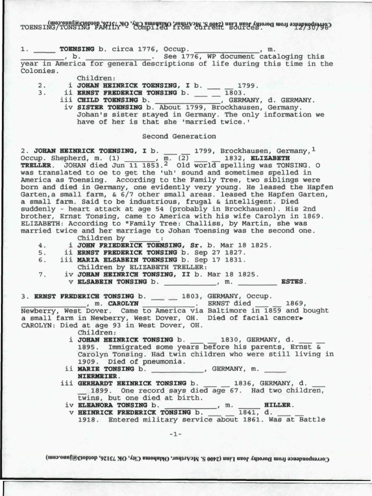 117 Toensing-Tonsing Family - Compiled From Current Sources 1996 | PDF ...