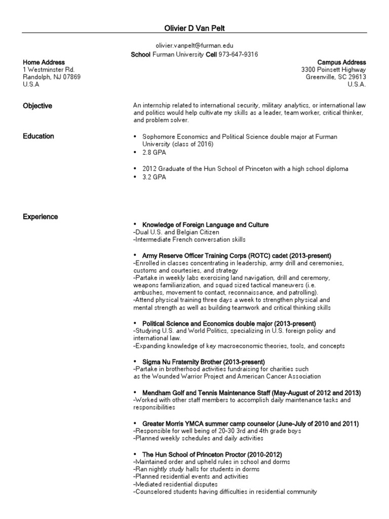 Olivier Van Pelt Resume | PDF | Princeton University | Reserve Officers ...