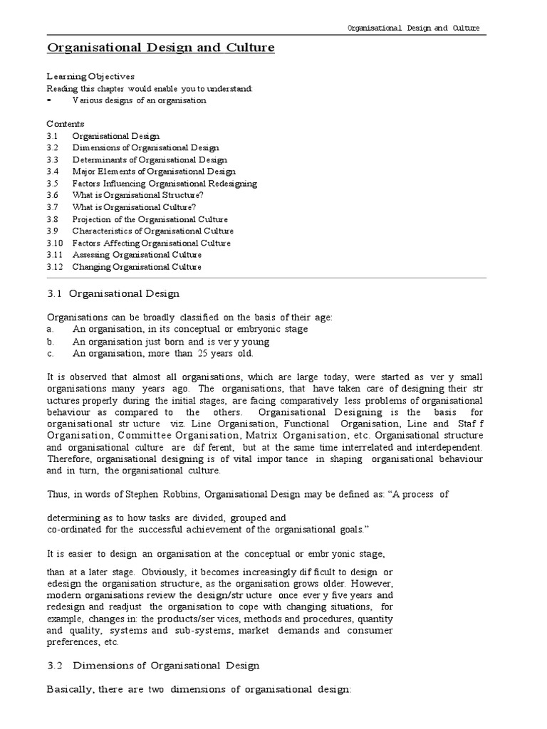 Organisational Design and Culture Overview | PDF | Organizational ...