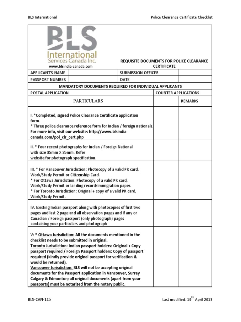 BLS-CAN-115 - Police Clearance Certificate Checklist | PDF | Passport ...