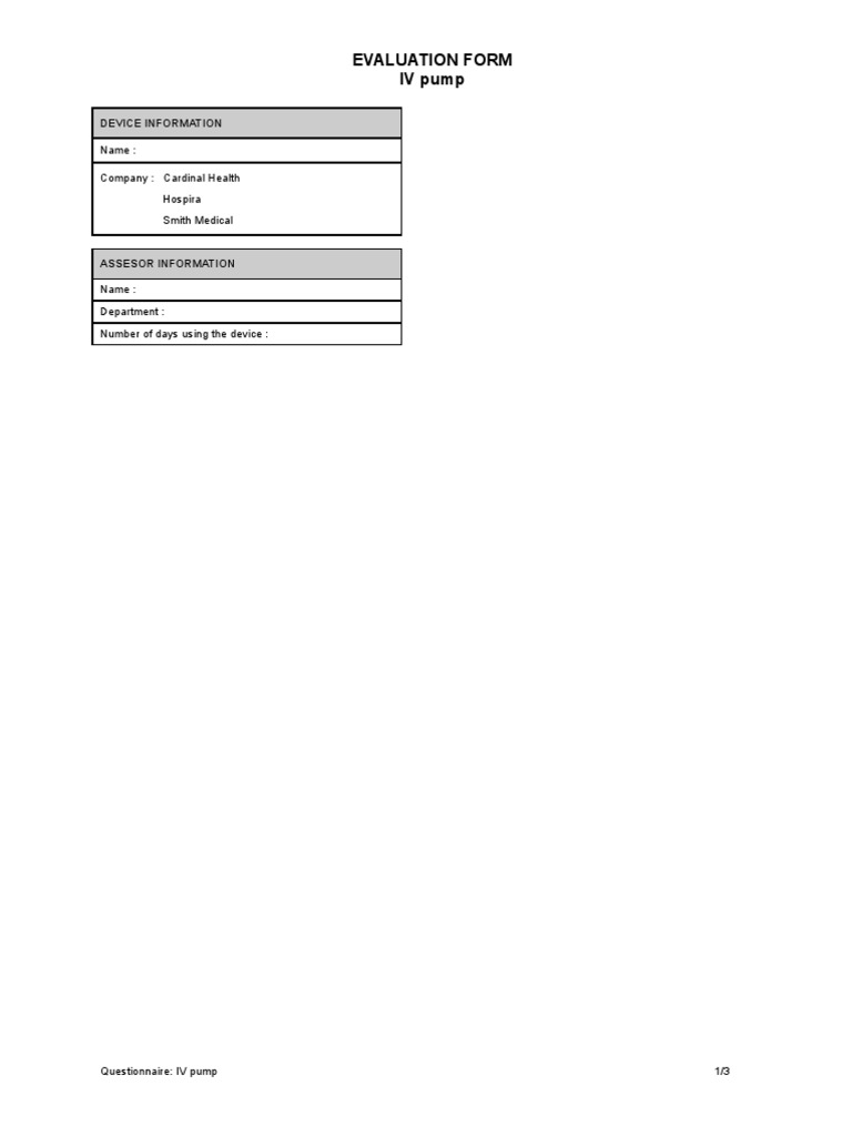 IV Pump Evaluation Questionnaire Form | PDF | Health Sciences | Medical ...