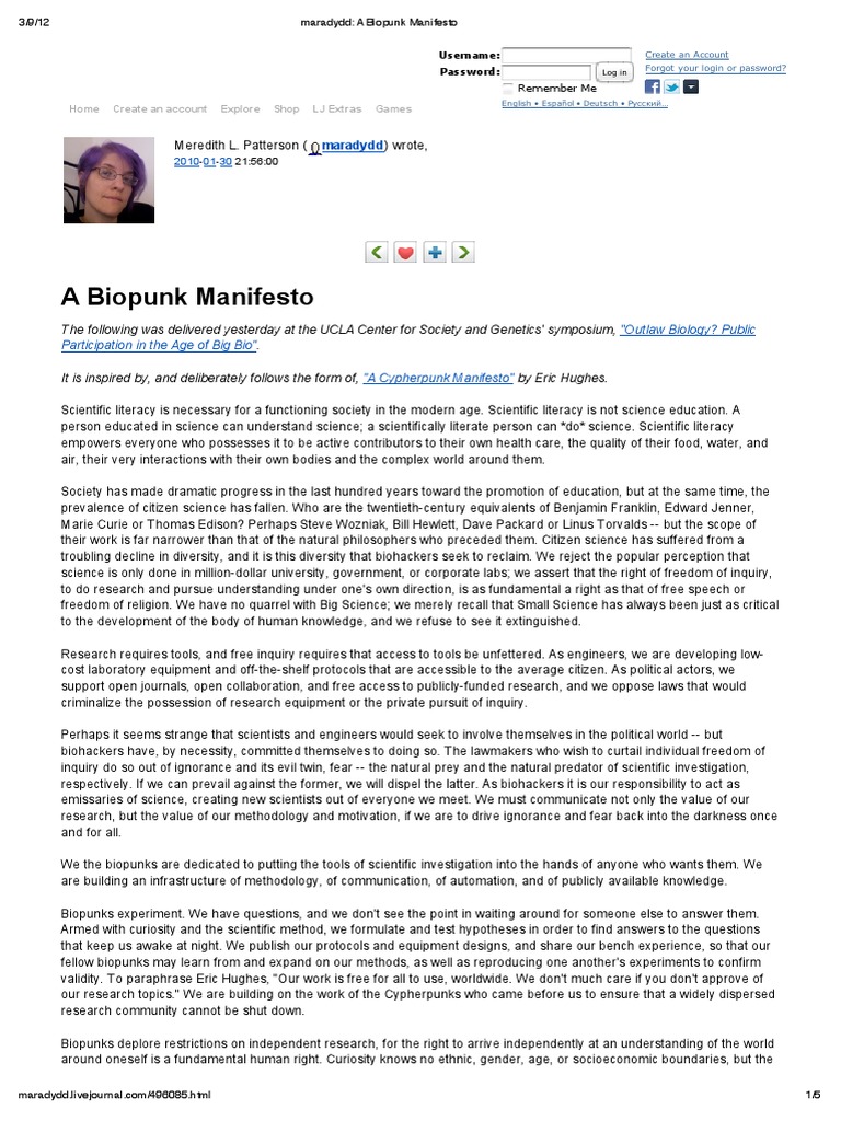 Meredith L Patterson A Biopunk Manifesto | PDF | Science | Scientific ...
