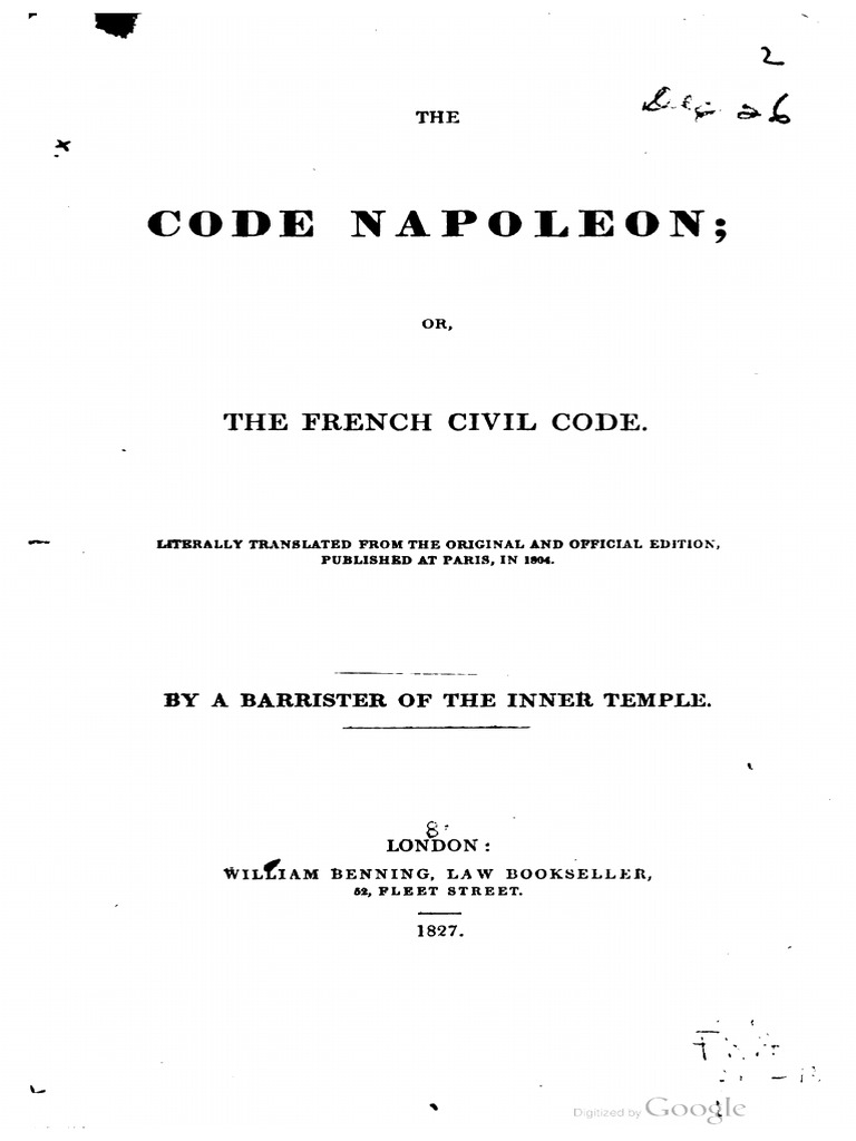 Code Napoleon (Code Civil Des Francais) 1804 | PDF