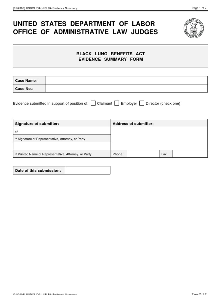 Department of Labor: USDOL OALJ BLBA EVIDENCE SUMMARY FORM 01 2003 ...