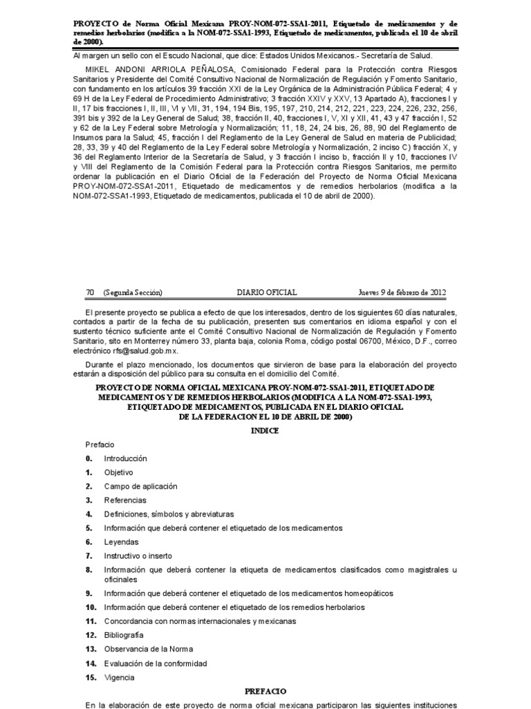 PROY-NOM-072-SSA1-2011 Etiquetado de Medicamentos PDF | PDF | Cura ...