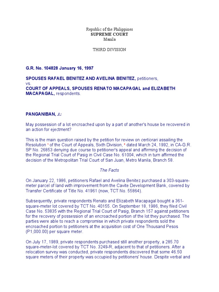 SPS BENITEZ Vs CA - Ejectment of Portion Encroached Upon | PDF ...