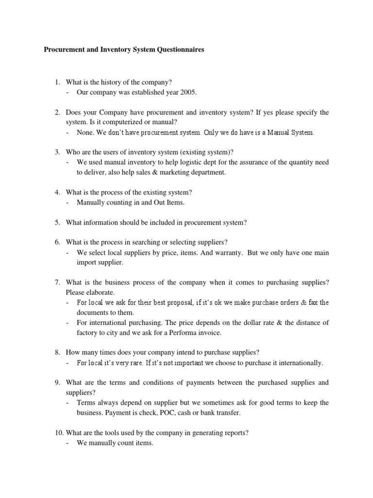 Procurement and Inventory System Questionnaires 1 | PDF | Inventory ...