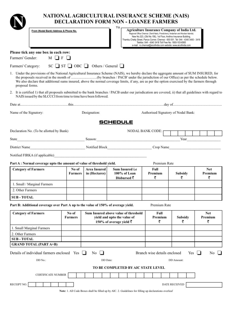 National Agricultural Insurance Scheme (Nais) Declaration Form Non ...