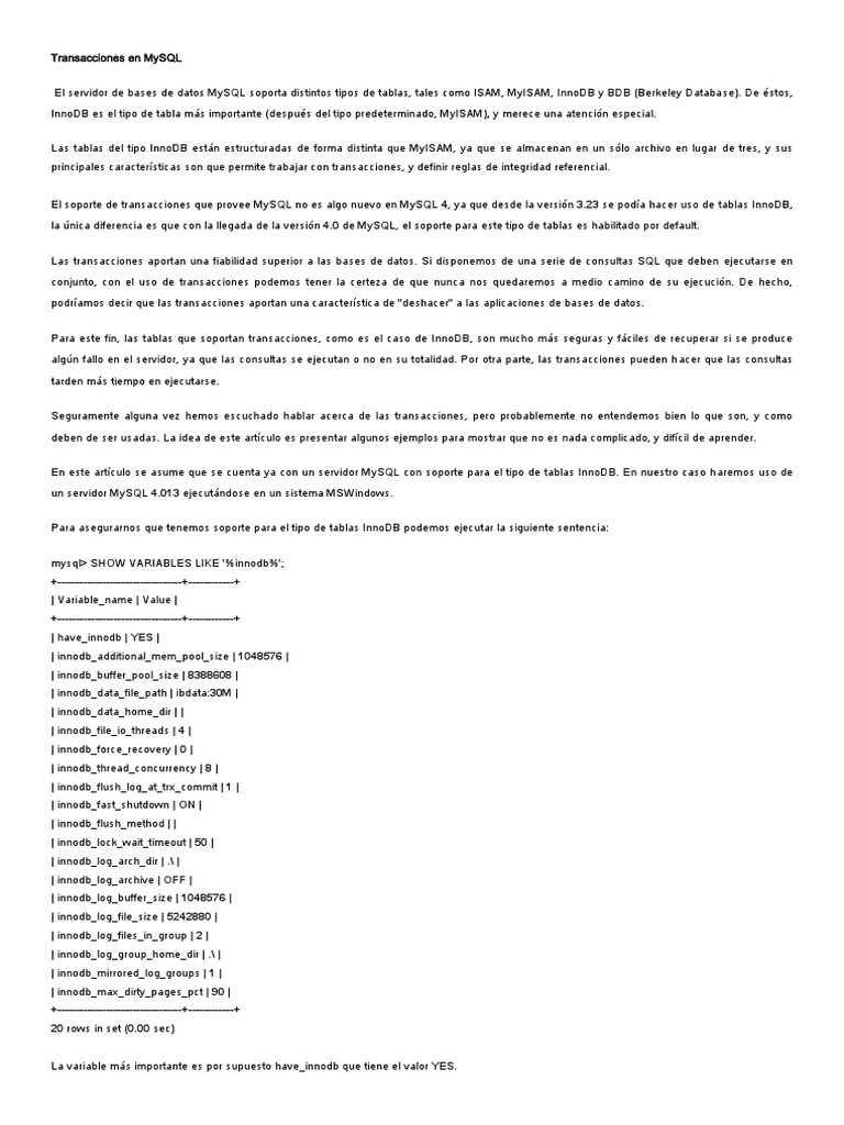 Transacciones en MySQL | PDF | SQL | Mi sql