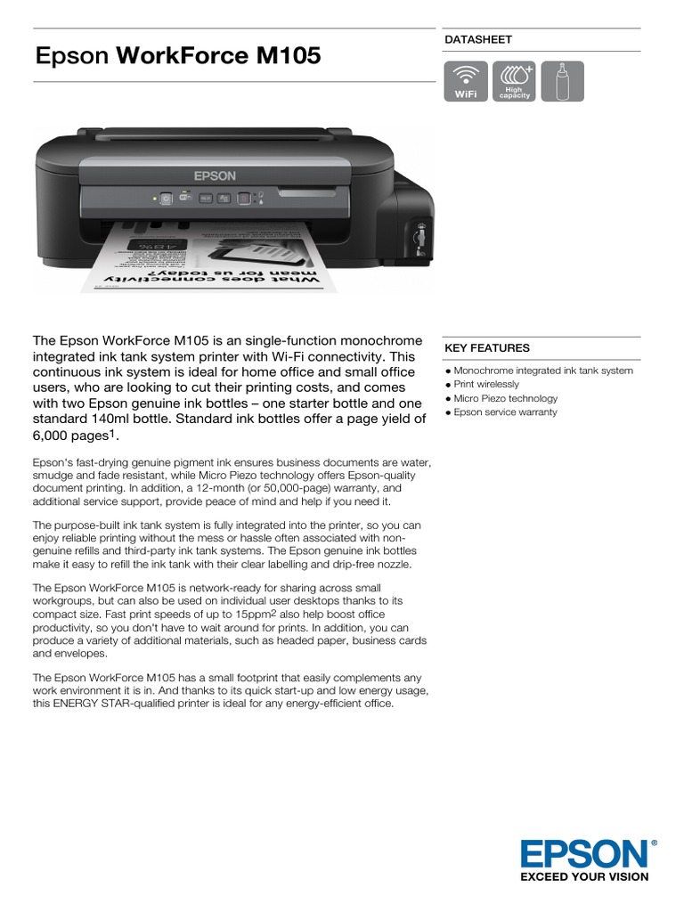 Epson WorkForce M105 Business Inkjet Tank System Printer | PDF ...