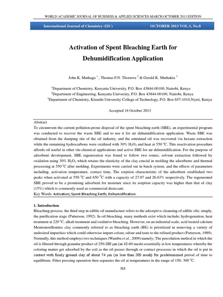 Activation of Spent Bleaching Earth For Dehumidification Application ...