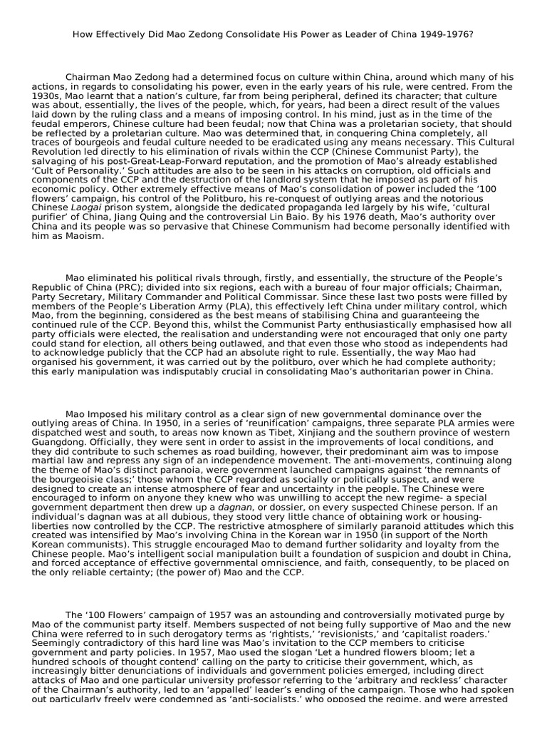 Essay: Mao Consolidating His Power in China (IB Level 7) | PDF | Mao ...
