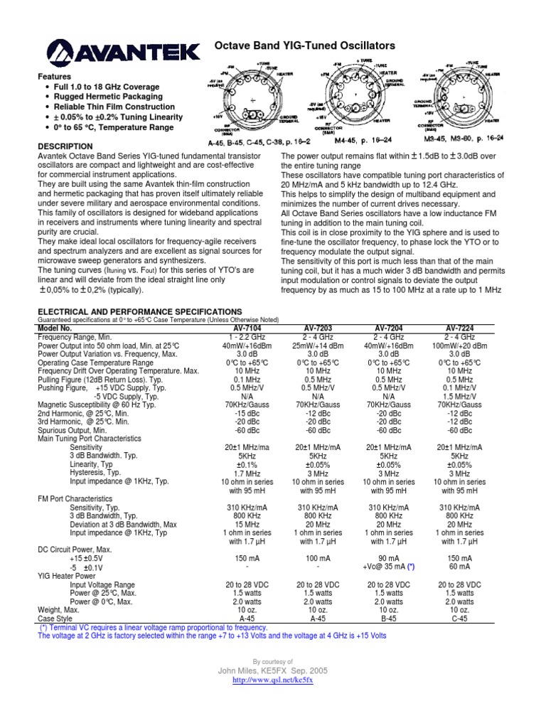 Avantek YIG-Tuned Oscillators Overview | PDF | Bandwidth (Signal ...