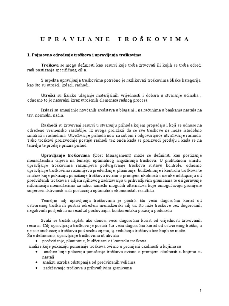 Upravljanje Troskovima Skripta | PDF