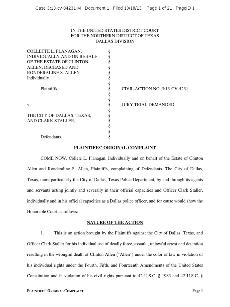Clinton Allen Family Sues Dallas | PDF | Intentional Infliction Of ...