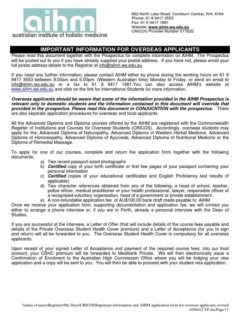 Important Information and AIHM Application Form For Overseas Applicants ...