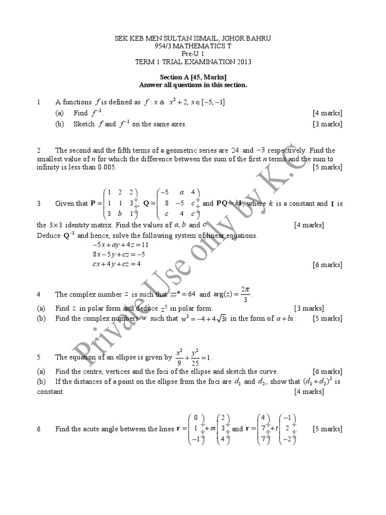 STPM Mathematics T Sem 1 Trial Paper | PDF | Analytic Geometry ...