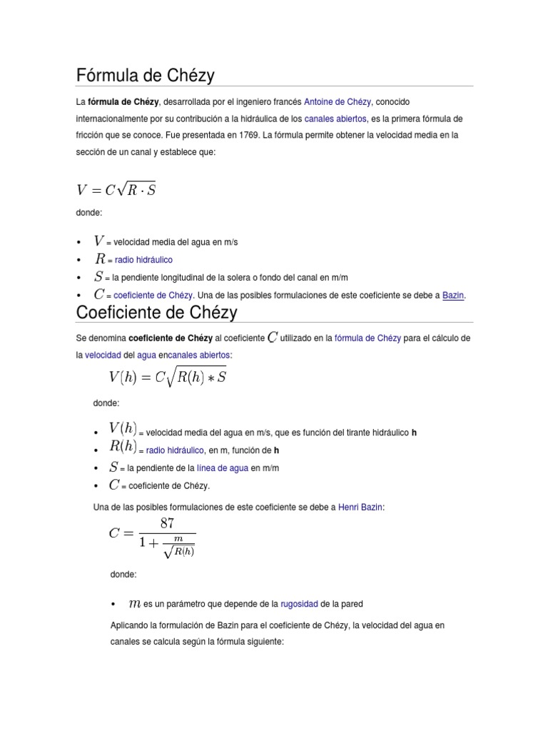 Fórmula de Chézy en Hidráulica | PDF | Fórmula | Descarga (hidrología)