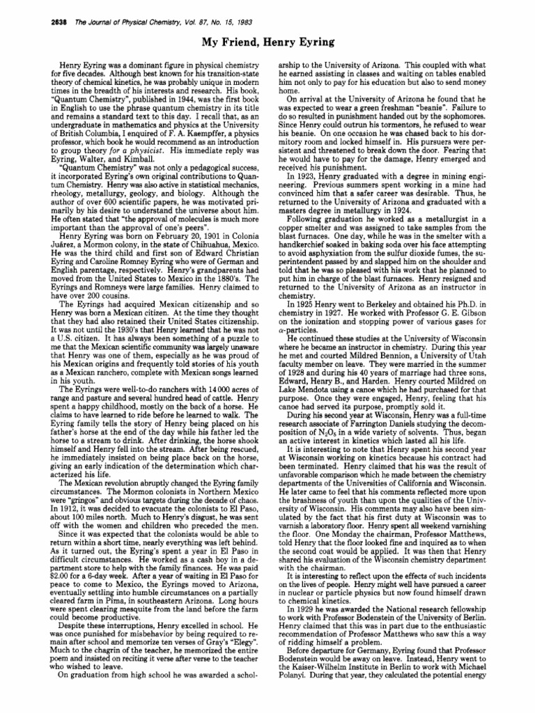 My Friend, Henry Eyring | PDF | Chemical Reactions | Hydrogen