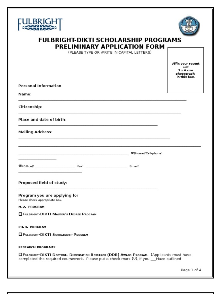 Fulbright-Dikti Scholarship Application Form | PDF | Thesis | Doctor Of ...