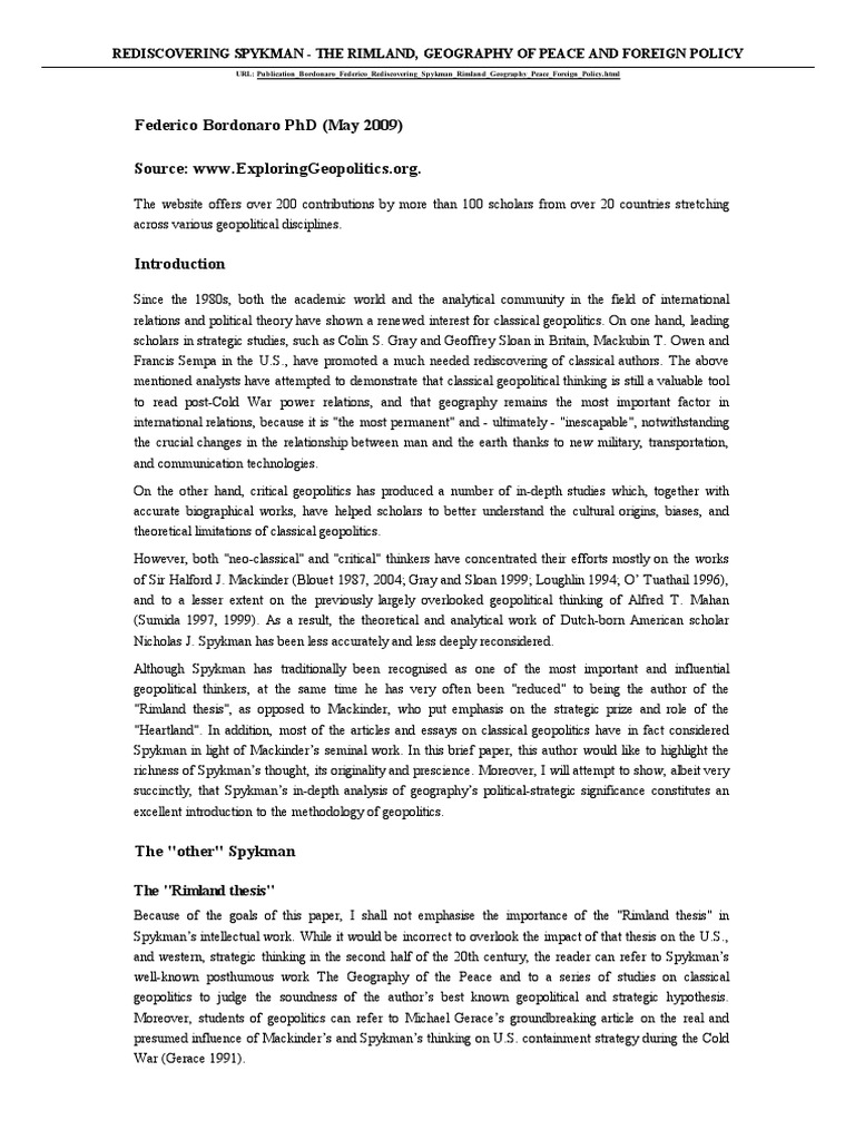 Rediscovering Spykman - The Rimland, Geography of Peace and Foreign ...