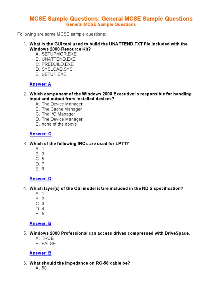 MCSE Sample Questions | PDF