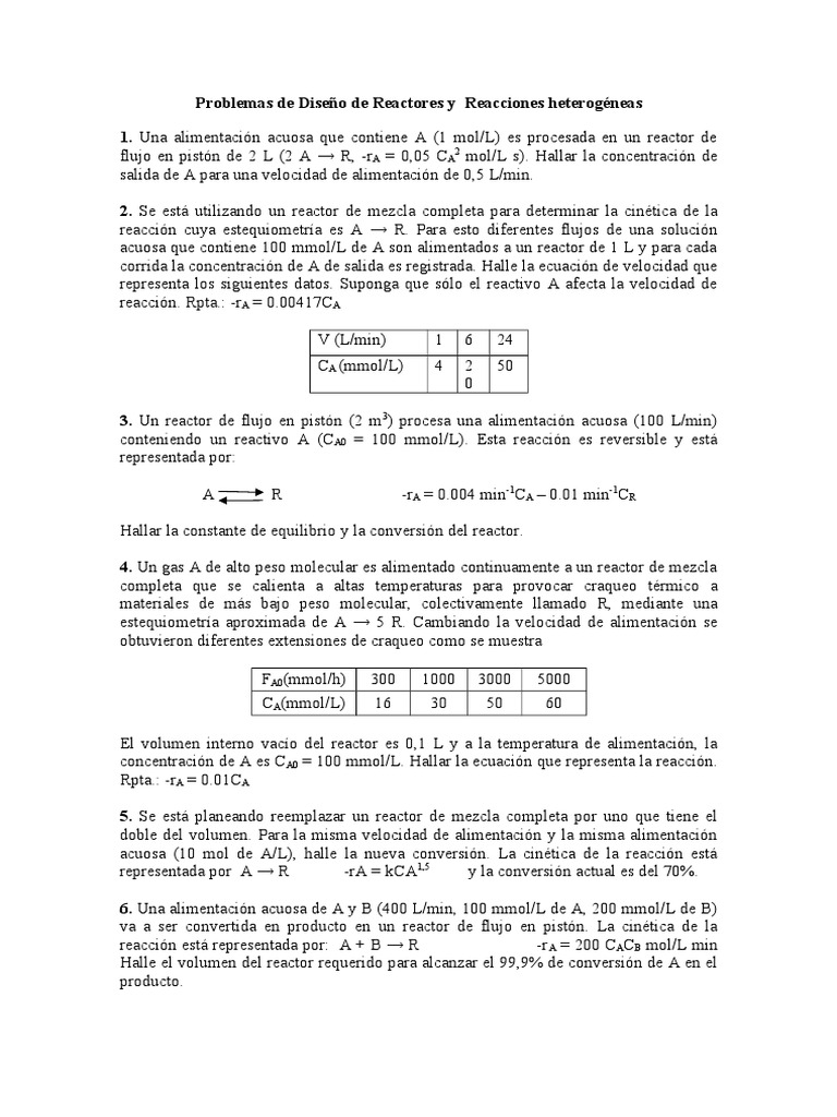 Problemas de Diseno de Reactores Ideales | PDF | Reactor Quimico | Cinética química