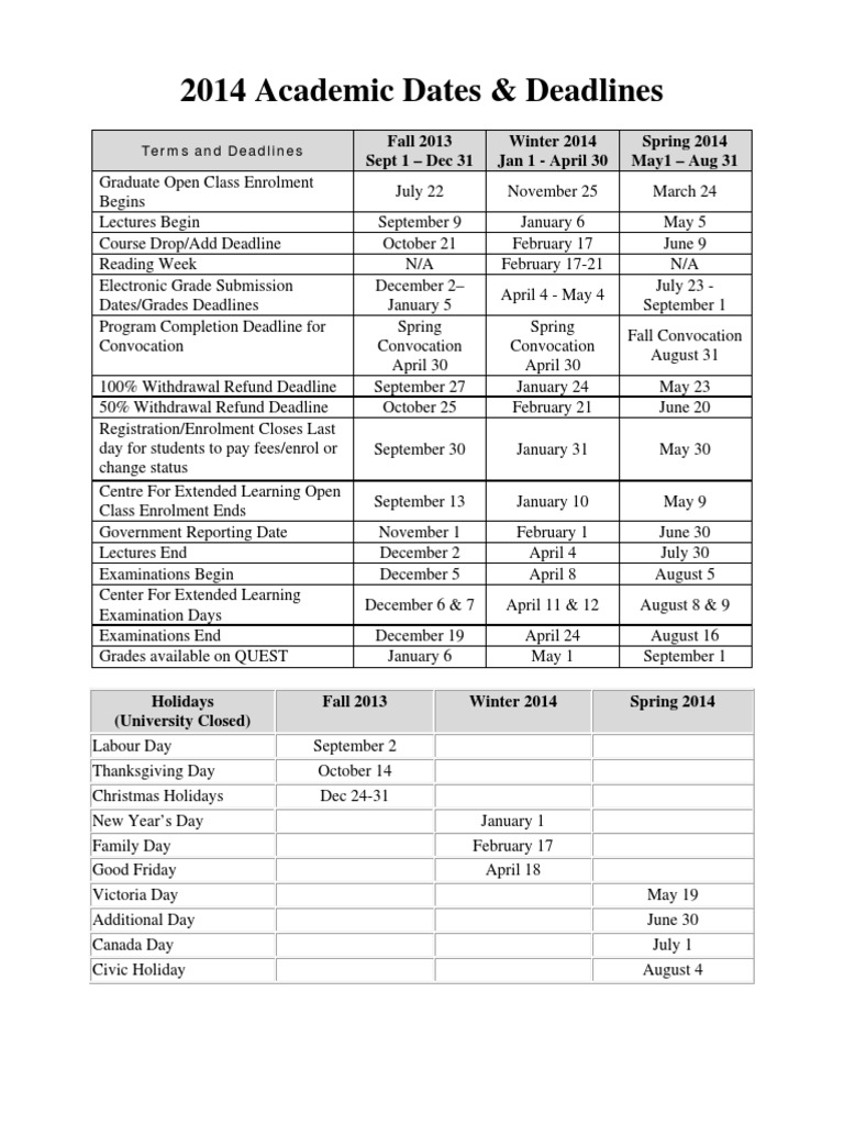 2014 Academic Calendar Deadlines | PDF